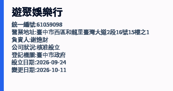 遊聚娛樂行的照片-統編 61059098(臺中市) 公司登記資料與營業項目詳細圖表