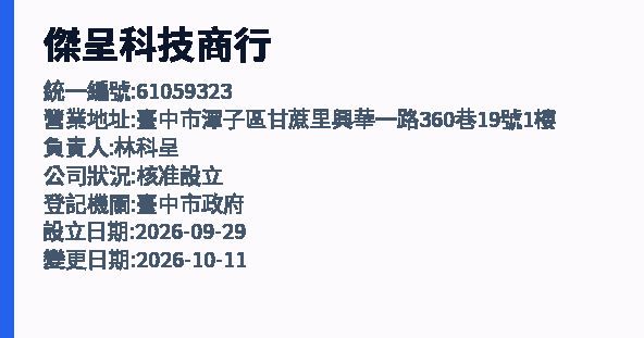 傑呈科技商行的照片-統編 61059323(臺中市) 公司登記資料與營業項目詳細圖表