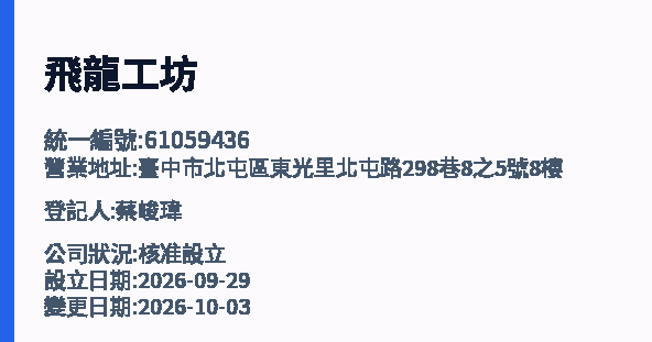 飛龍工坊的照片-統編 61059436(臺中市) 公司登記資料與營業項目詳細圖表