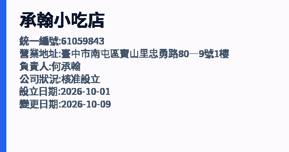 承翰小吃店的照片-統編 61059843(臺中市) 公司登記資料與營業項目詳細圖表