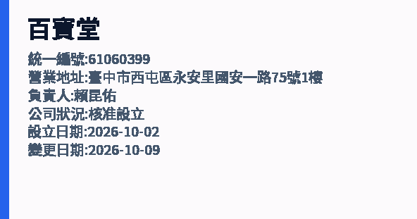 百寶堂的照片-統編 61060399(臺中市) 公司登記資料與營業項目詳細圖表