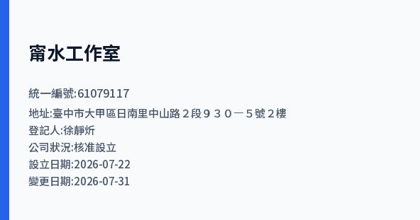 甯水工作室的照片-統編 61079117(臺中市) 公司登記資料與營業項目詳細圖表