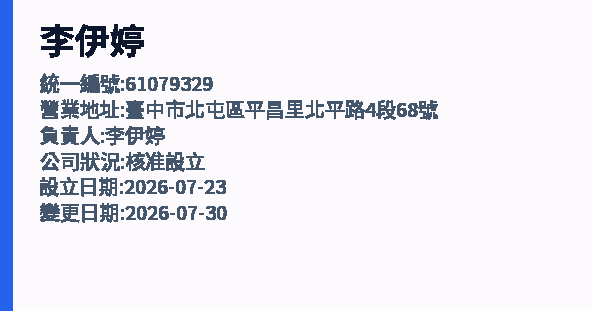 李伊婷的照片-統編 61079329(臺中市) 公司登記資料與營業項目詳細圖表