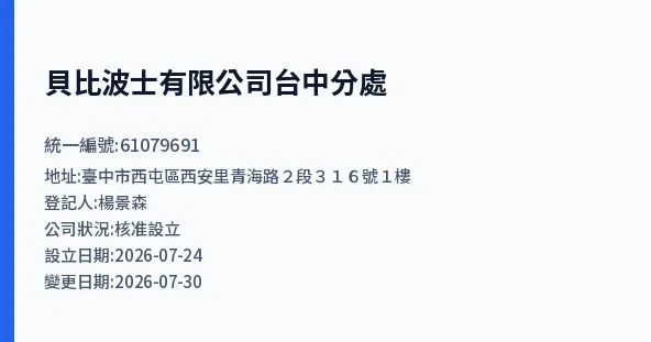 貝比波士有限公司台中分處的照片-統編 61079691(臺中市) 公司登記資料與營業項目詳細圖表