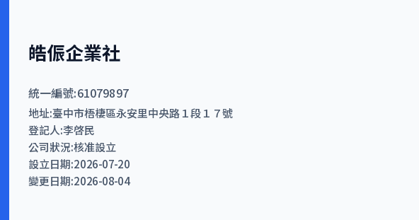 皓侲企業社的照片-統編 61079897(臺中市) 公司登記資料與營業項目詳細圖表