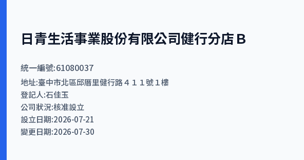日青生活事業股份有限公司健行分店B的照片-統編 61080037(臺中市) 公司登記資料與營業項目詳細圖表