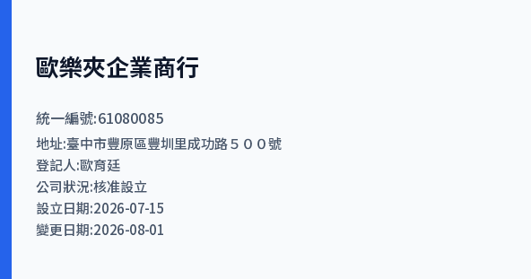 歐樂夾企業商行的照片-統編 61080085(臺中市) 公司登記資料與營業項目詳細圖表