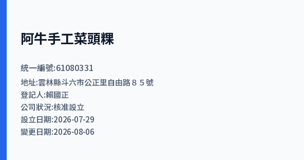 阿牛手工菜頭粿的照片-統編 61080331(雲林縣) 公司登記資料與營業項目詳細圖表