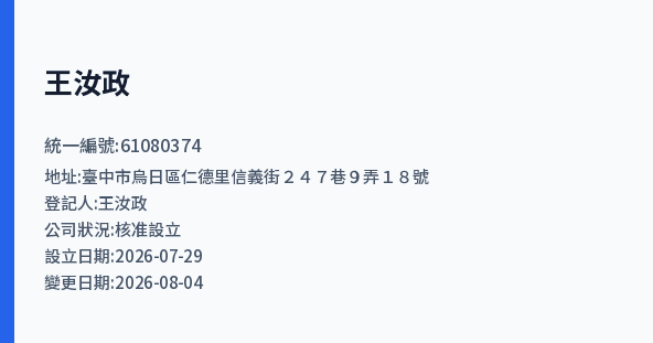 王汝政的照片-統編 61080374(臺中市) 公司登記資料與營業項目詳細圖表