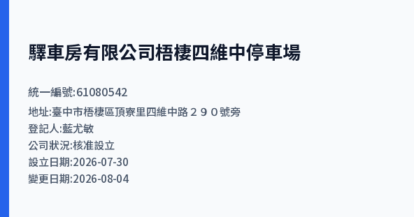 驛車房有限公司梧棲四維中停車場的照片-統編 61080542(臺中市) 公司登記資料與營業項目詳細圖表