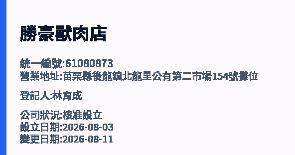 勝豪獸肉店的照片-統編 61080873(苗栗縣) 公司登記資料與營業項目詳細圖表