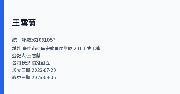 王雪蘭的照片-統編 61081057(臺中市) 公司登記資料與營業項目詳細圖表
