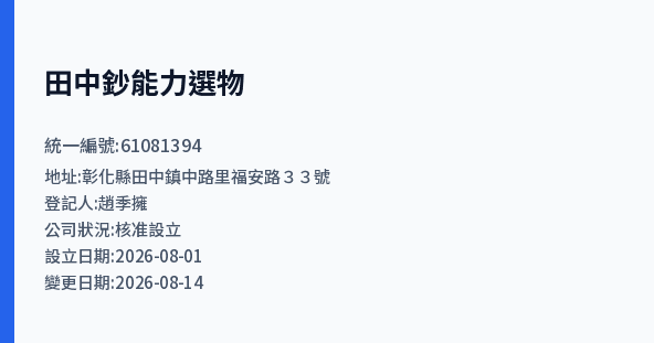 田中鈔能力選物的照片-統編 61081394(彰化縣) 公司登記資料與營業項目詳細圖表