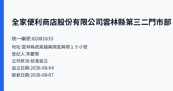 全家便利商店股份有限公司雲林縣第三二門市部的照片-統編 61081633(雲林縣) 公司登記資料與營業項目詳細圖表