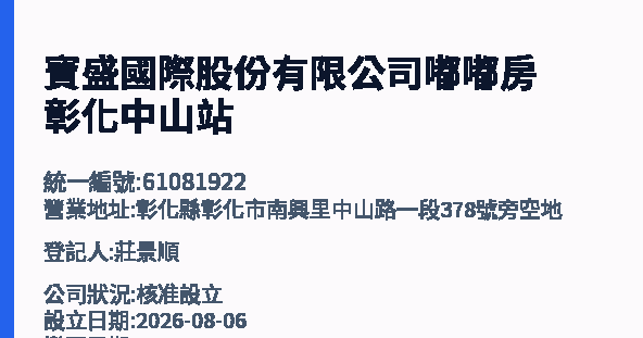 寶盛國際股份有限公司嘟嘟房彰化中山站的照片-統編 61081922(彰化縣) 公司登記資料與營業項目詳細圖表