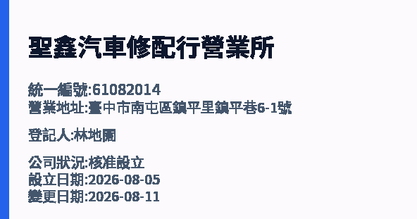 聖鑫汽車修配行營業所的照片-統編 61082014(臺中市) 公司登記資料與營業項目詳細圖表