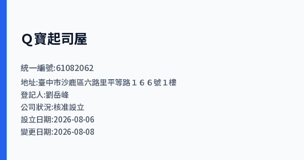 Q寶起司屋的照片-統編 61082062(臺中市) 公司登記資料與營業項目詳細圖表