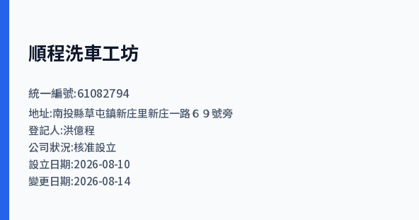 順程洗車工坊的照片-統編 61082794(南投縣) 公司登記資料與營業項目詳細圖表