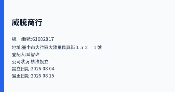 威騰商行的照片-統編 61082817(臺中市) 公司登記資料與營業項目詳細圖表