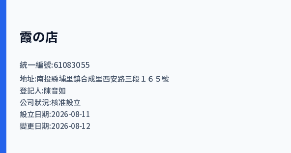 霞の店的照片-統編 61083055(南投縣) 公司登記資料與營業項目詳細圖表