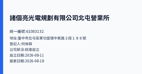 諸個亮光電規劃有限公司北屯營業所的照片-統編 61083132(臺中市) 公司登記資料與營業項目詳細圖表