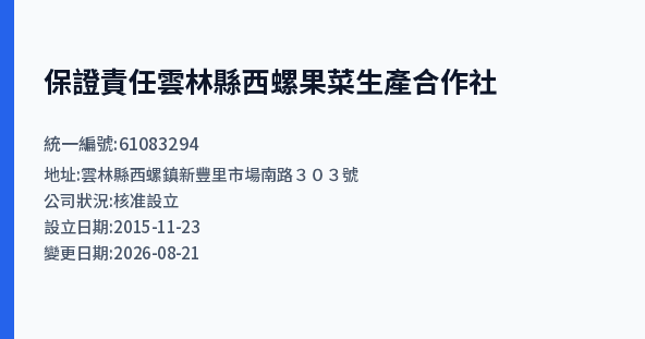 保證責任雲林縣西螺果菜生產合作社的照片-統編 61083294 公司登記資料與營業項目詳細圖表