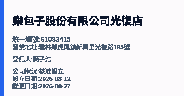 樂包子股份有限公司光復店的照片-統編 61083415(雲林縣) 公司登記資料與營業項目詳細圖表