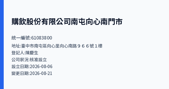 購飲股份有限公司南屯向心南門市的照片-統編 61083800(臺中市) 公司登記資料與營業項目詳細圖表