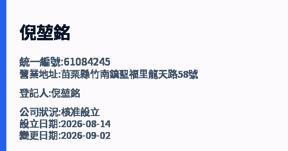 倪堃銘的照片-統編 61084245(苗栗縣) 公司登記資料與營業項目詳細圖表