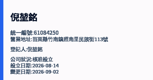 倪堃銘的照片-統編 61084250(苗栗縣) 公司登記資料與營業項目詳細圖表