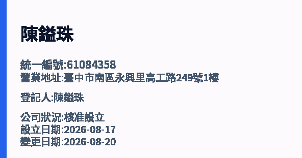 陳鎰珠的照片-統編 61084358(臺中市) 公司登記資料與營業項目詳細圖表