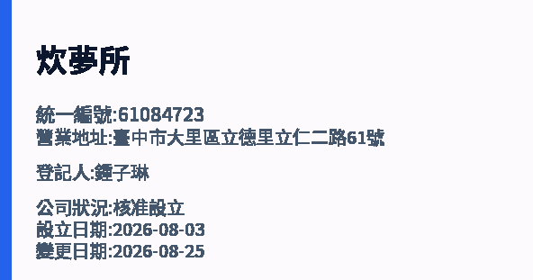 炊夢所的照片-統編 61084723(臺中市) 公司登記資料與營業項目詳細圖表