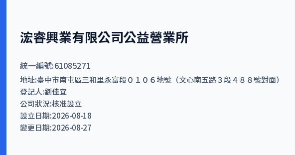 浤睿興業有限公司公益營業所的照片-統編 61085271(臺中市) 公司登記資料與營業項目詳細圖表