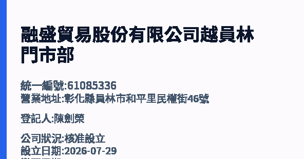 融盛貿易股份有限公司越員林門市部的照片-統編 61085336 公司登記資料與營業項目詳細圖表
