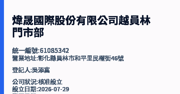 煒晟國際股份有限公司越員林門市部的照片-統編 61085342 公司登記資料與營業項目詳細圖表