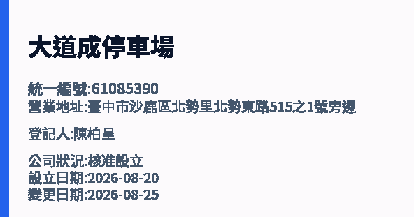 大道成停車場的照片-統編 61085390(臺中市) 公司登記資料與營業項目詳細圖表