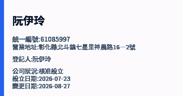 阮伊玲的照片-統編 61085997 公司登記資料與營業項目詳細圖表