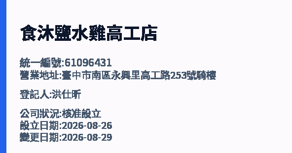 食沐鹽水雞高工店的照片-統編 61096431(臺中市) 公司登記資料與營業項目詳細圖表