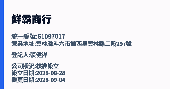 鮮霸商行的照片-統編 61097017(雲林縣) 公司登記資料與營業項目詳細圖表