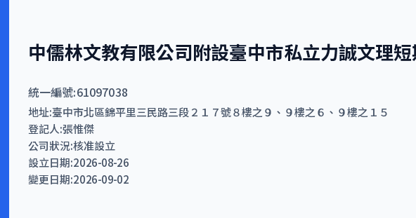 中儒林文教有限公司附設臺中市私立力誠文理短期補習班的照片-統編 61097038(臺中市) 公司登記資料與營業項目詳細圖表