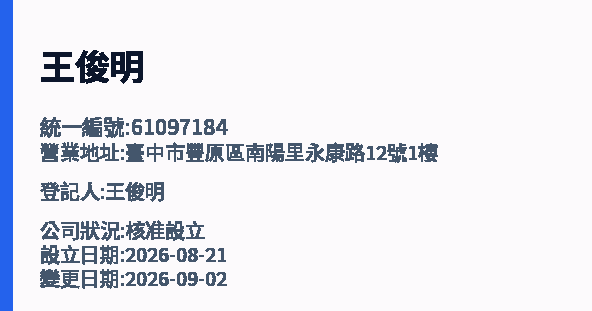 王俊明的照片-統編 61097184(臺中市) 公司登記資料與營業項目詳細圖表