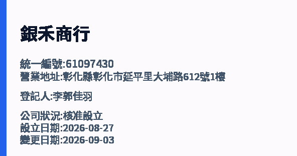 銀禾商行的照片-統編 61097430(彰化縣) 公司登記資料與營業項目詳細圖表
