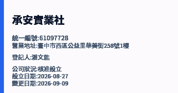 承安實業社的照片-統編 61097728(臺中市) 公司登記資料與營業項目詳細圖表
