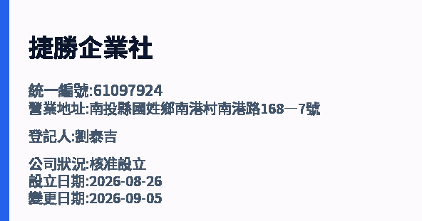 捷勝企業社的照片-統編 61097924(南投縣) 公司登記資料與營業項目詳細圖表