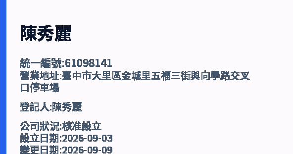 陳秀麗的照片-統編 61098141(臺中市) 公司登記資料與營業項目詳細圖表