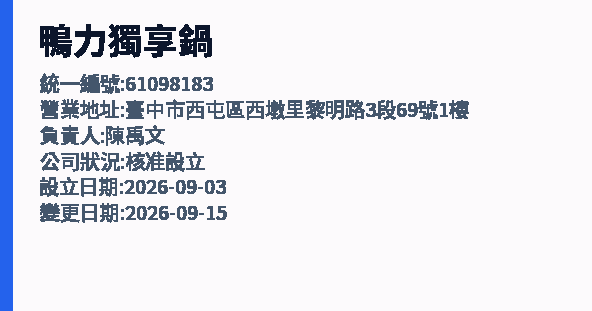 鴨力獨享鍋的照片-統編 61098183(臺中市) 公司登記資料與營業項目詳細圖表
