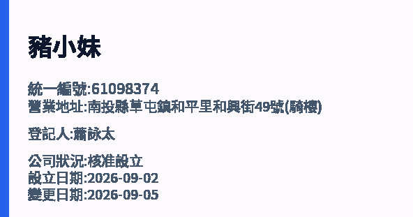 豬小妹的照片-統編 61098374(南投縣) 公司登記資料與營業項目詳細圖表