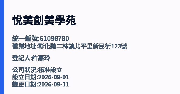 悅美創美學苑的照片-統編 61098780(彰化縣) 公司登記資料與營業項目詳細圖表