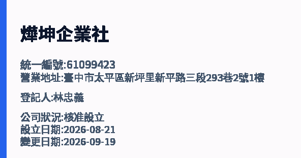 燁坤企業社的照片-統編 61099423(臺中市) 公司登記資料與營業項目詳細圖表