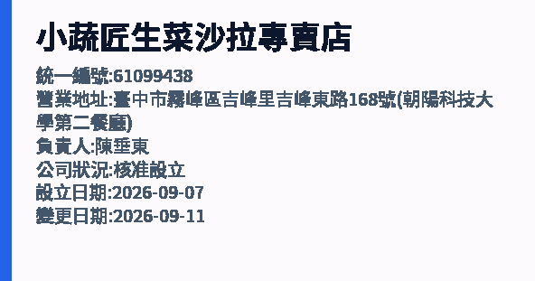 小蔬匠生菜沙拉專賣店的照片-統編 61099438(臺中市) 公司登記資料與營業項目詳細圖表